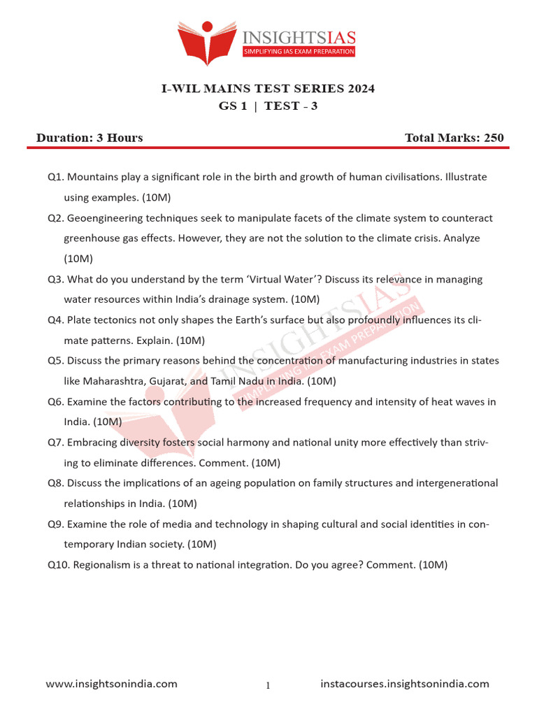 I-WIL 2024 GS1 Test Series Questions | PDF | Climate | Physical Geography