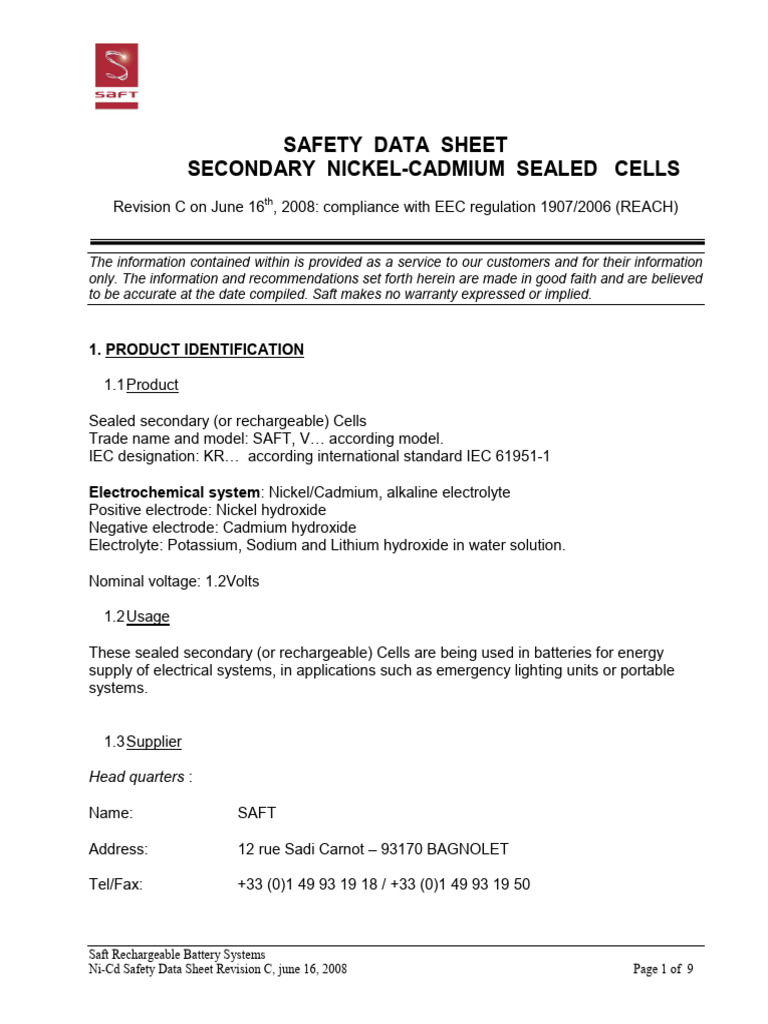 Material Safety Data Sheet - NICD | PDF | Rechargeable Battery | Materials