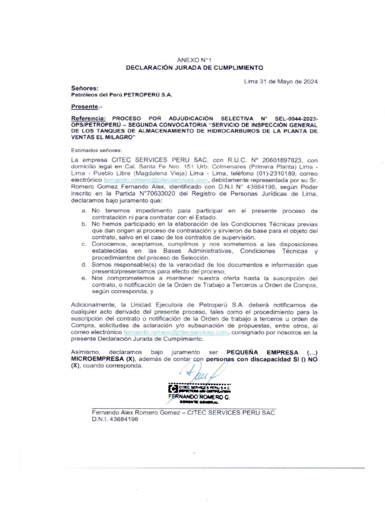 Anexo 1 - Declaracion Jurada Citec | PDF