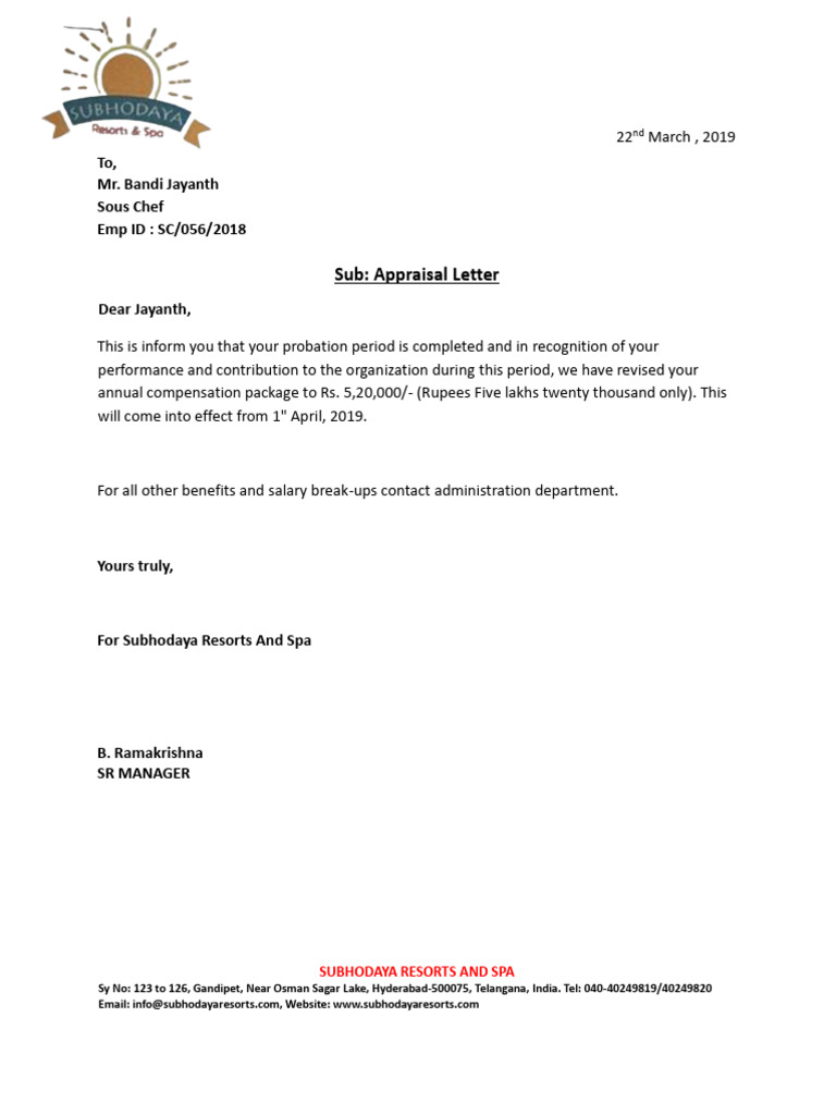 Sous Chef Appraisal Letter 2019 | PDF | Business | Wellness