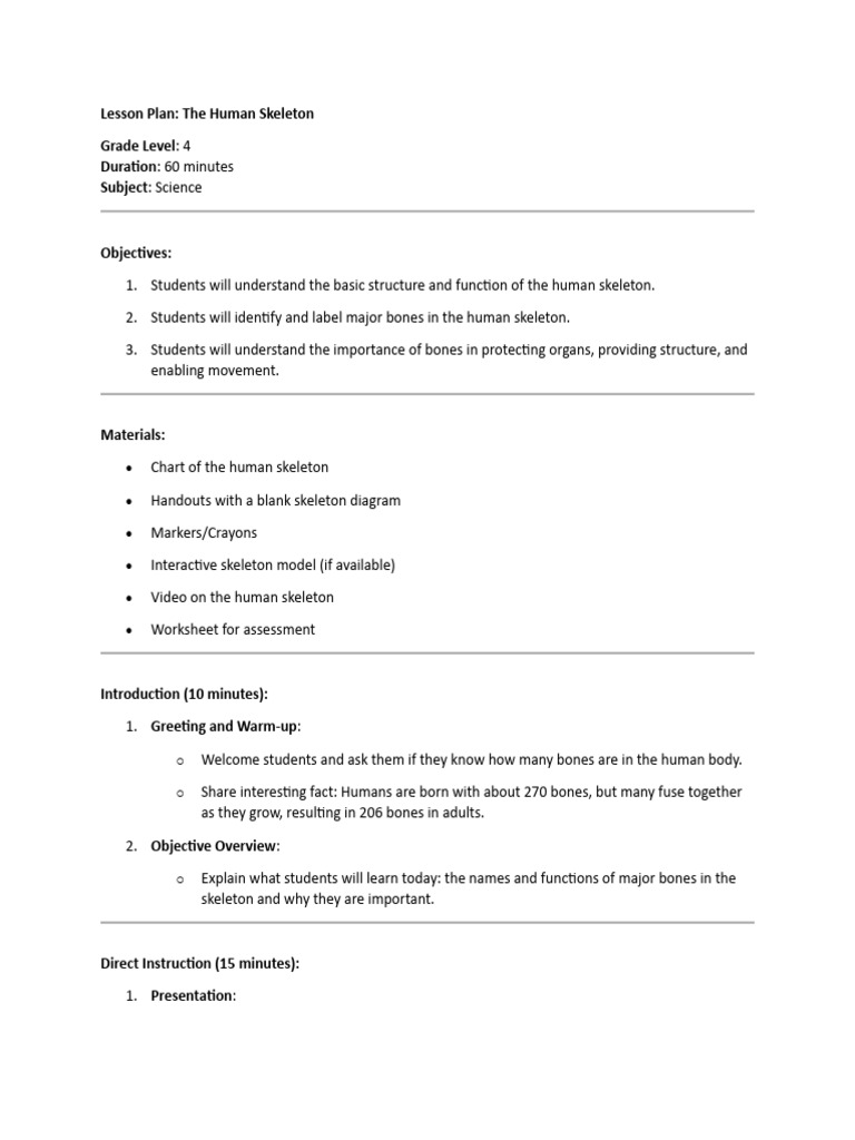 Grade 4 Human Skeleton Lesson Plan | PDF | Skeleton | Skull