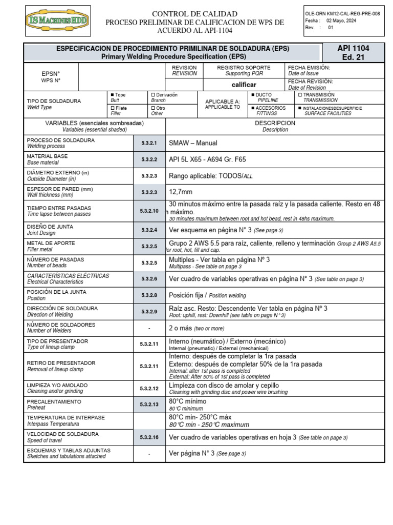 Proceso Preliminar Calificacion de Procedimiento WPS - API 1104 Is Machines HDD | PDF ...