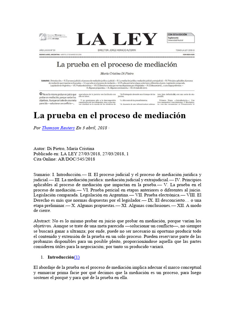 La Prueba en El Proceso de Mediación | PDF | Mediación | Ley procesal