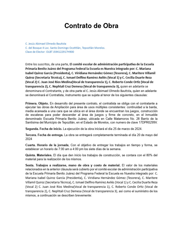 Contrato Benito Juarez Abril 2024 | PDF | Ingeniería de Edificación | Ingeniero civil