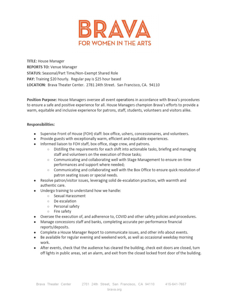 Brava House Manager Job Description | PDF