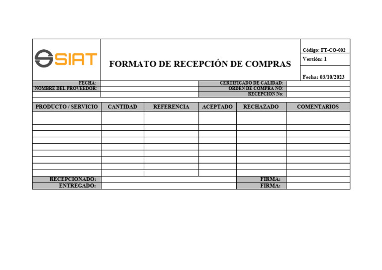 Ft-Co-002 Formato Recepcion de Compras | PDF