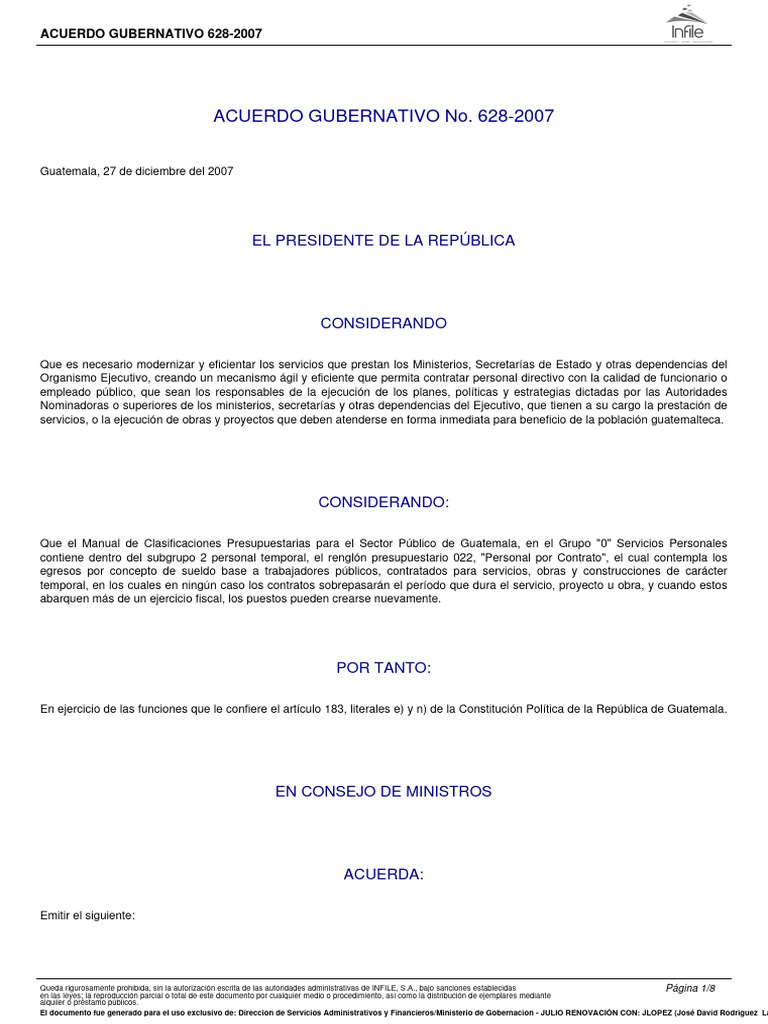 A. G. 628-2007 Renglón 022 | PDF | Presupuesto | Ministerio ...