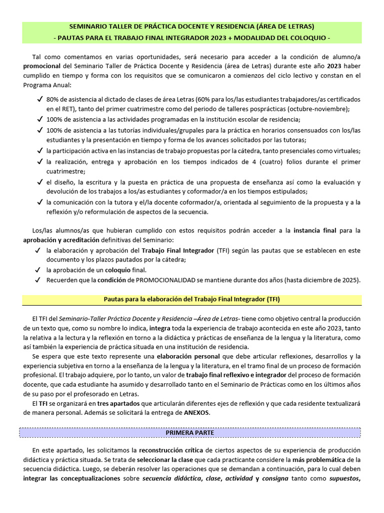 TFI 2023 Consignas y Pautas de Trabajo | PDF | Maestros | Evaluación