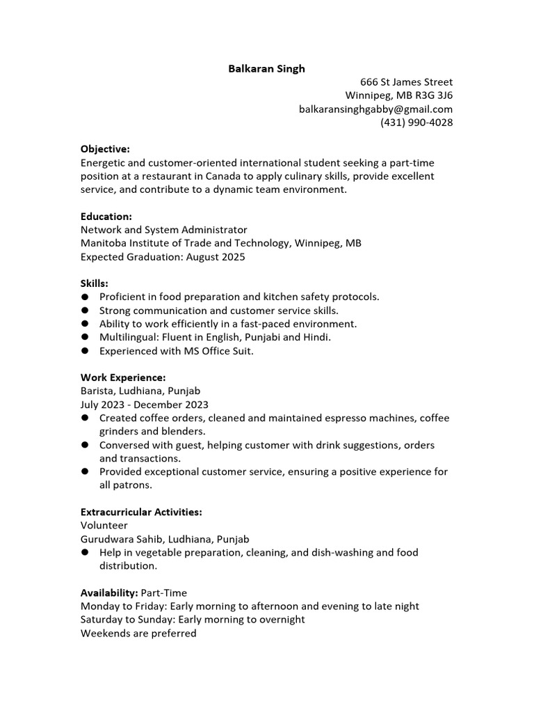 Part-Time Restaurant Job Seeker in Canada | PDF