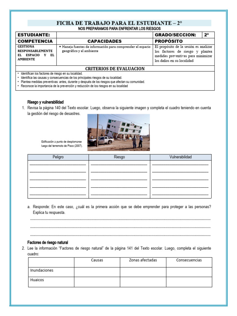 Unidad 8 - Ficha Sem 2 - CC - SS 2° | PDF | Riesgo | Temblores