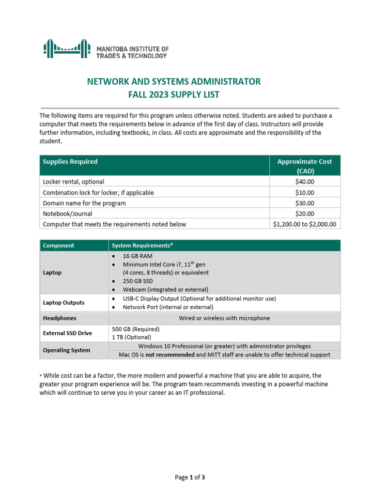 2023-2024 Network and Systems Administrator Supply List | PDF | Cisco Certifications | Laptop