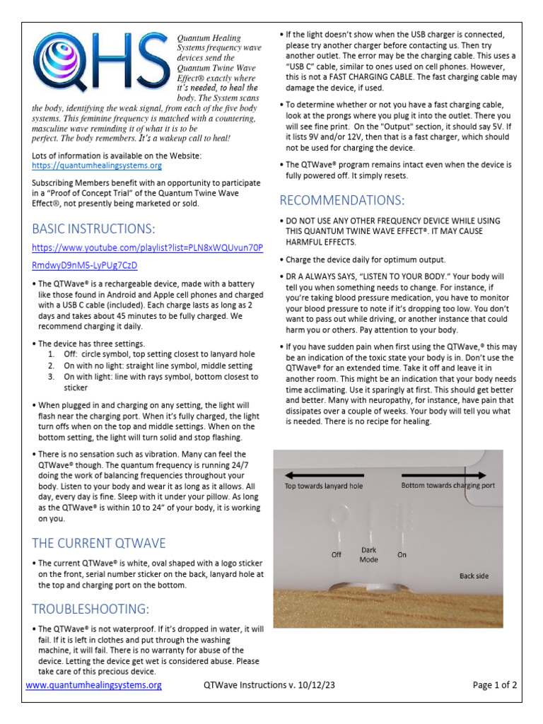QTWave Device User Instructions | PDF | Battery Charger | Usb