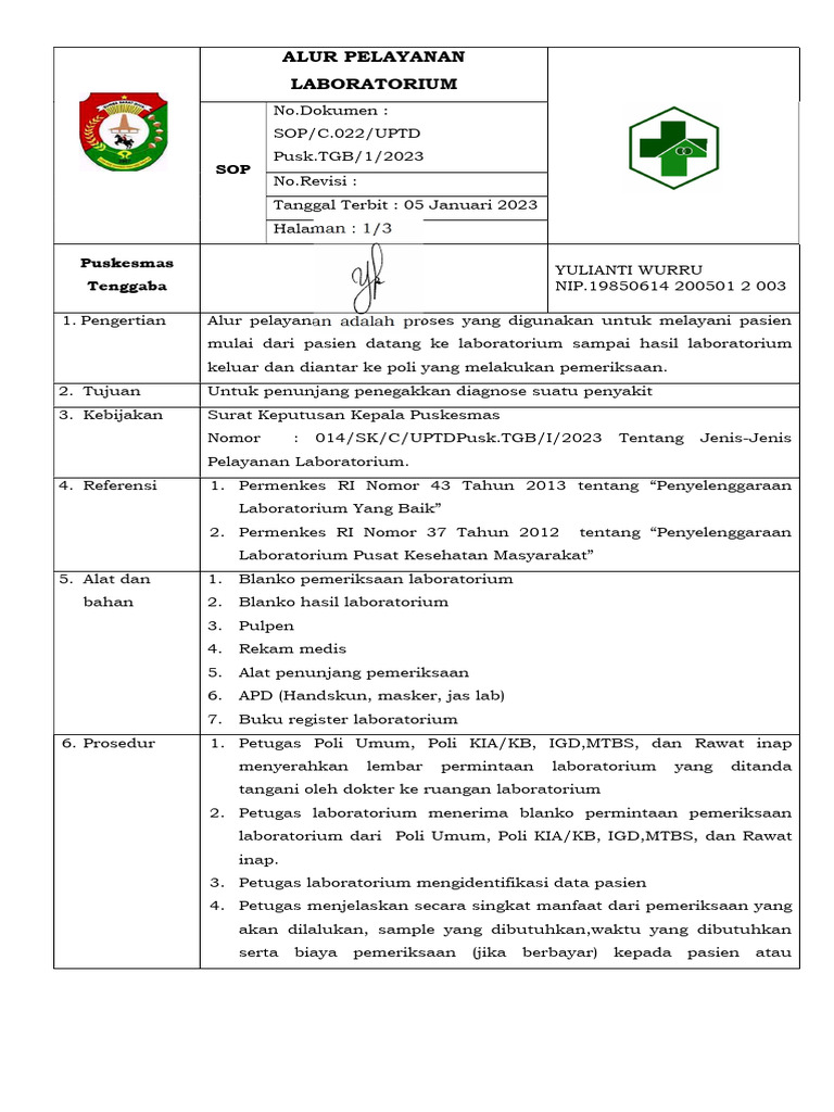 3.9.1.a SOP ALUR PELAYANAN LABORATORIUM | PDF