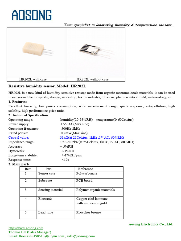 hr202l Humidity Sensor Humidity Sensitive Resistor Datasheet | PDF | Resistor | Humidity