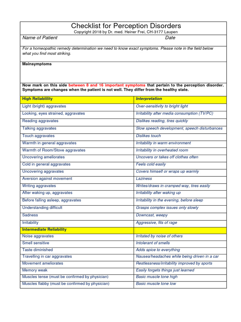Checklist Perception Disordes 2018 | PDF | Psychology | Diseases And ...