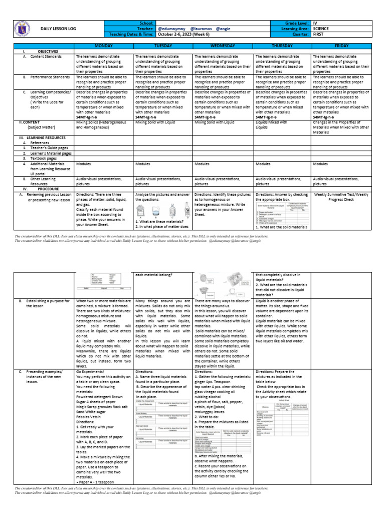 DLL - SCIENCE 4 - Q1 - W6 - Describe Changes in Properties of Materials ...