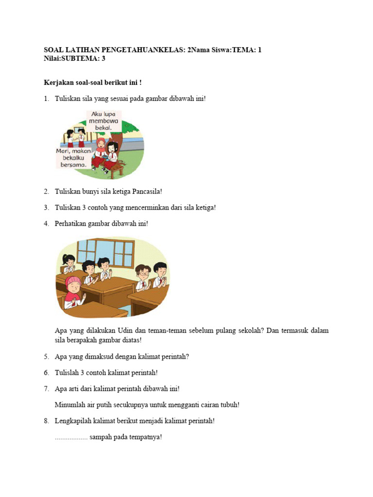 Soal Latihan Pengetahuan Tema 1 Sub 3 Kelas 2 | PDF