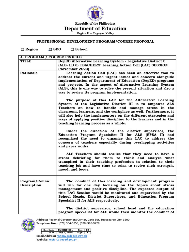 ALS LD 3-Proposal-0n-LAC - Session-Stress Management-Positive Discipline | PDF | Learning | Teachers