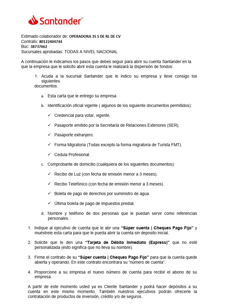 Carta Apertura Santander | PDF | Cheque | Economias