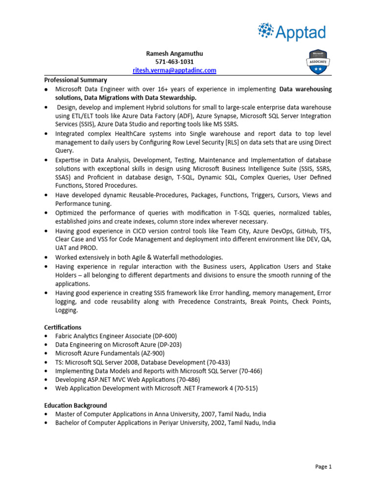 Ramesh Angamuthu - Data Engineer-SSIS - SSRS - Azure - SQL-2024 | PDF | Microsoft Sql Server ...