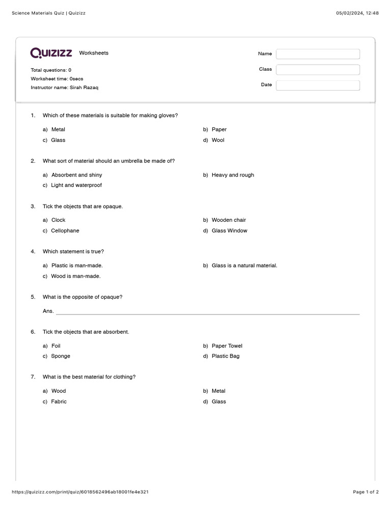 Science Materials Quiz - Quizizz | PDF | Materials