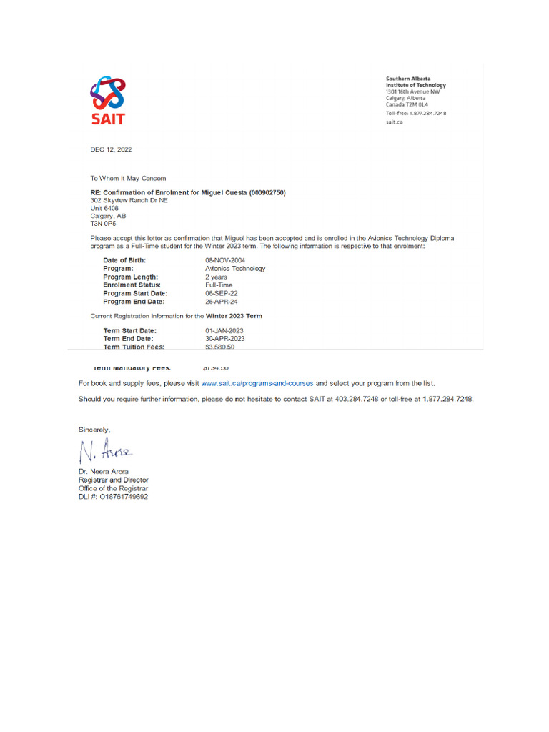 Enrollment Letter by SAIT - Miguel | PDF