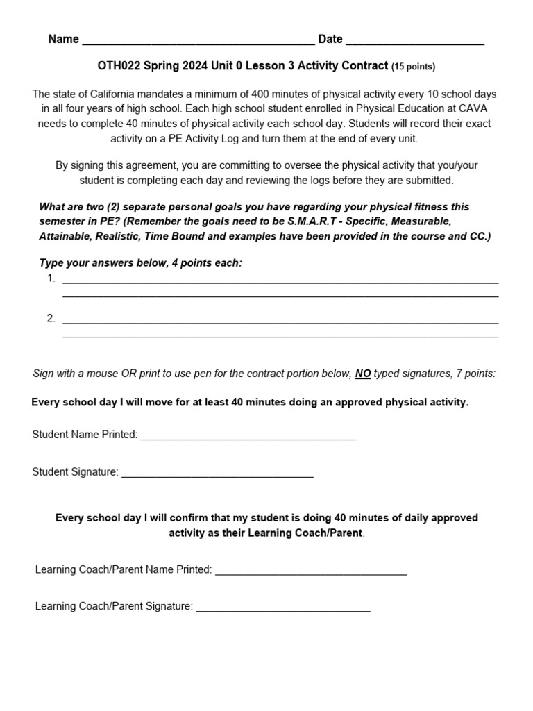 PE Activity Contract Spring 23-24 | PDF | Finance & Money Management