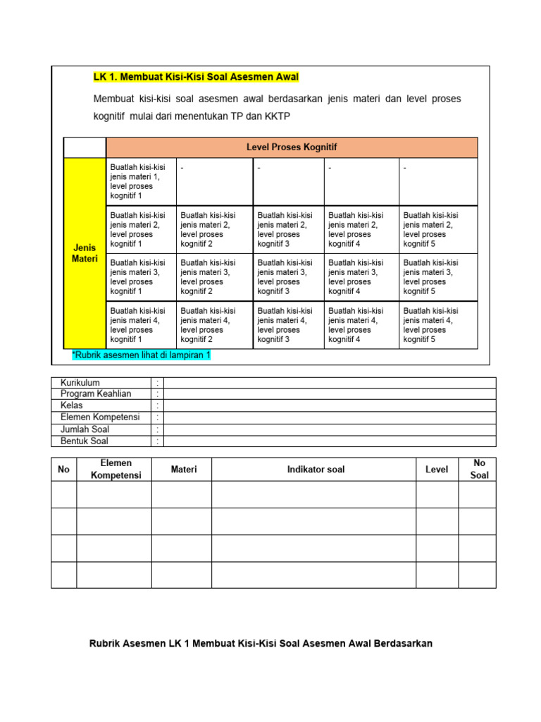 LK 1. Membuat Kisi-Kisi Soal Asesmen Awal | PDF | Komputer