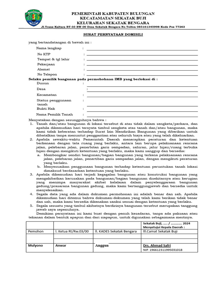 a9445c021a921329a1a90fb9fc4c94f7_SURAT PERNYATAAN PERMOHONAN IMB | PDF