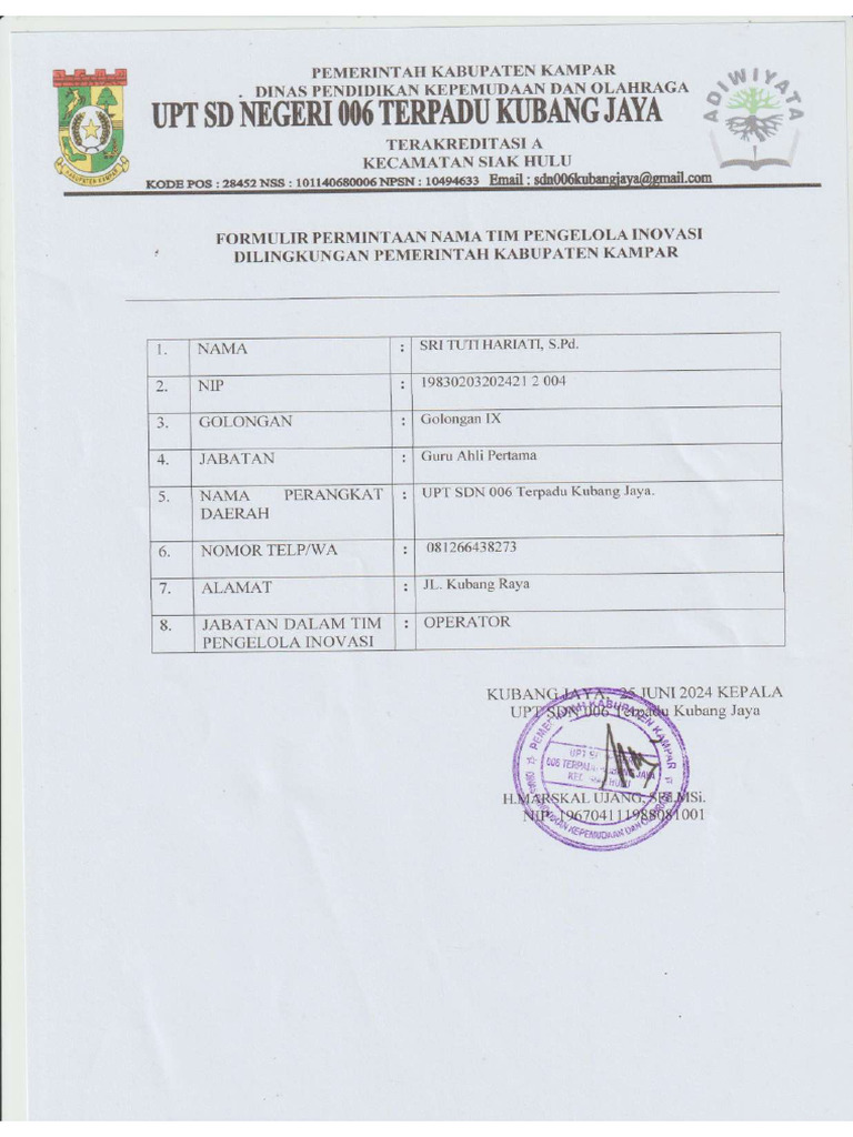 Formulir Tim Inovasi Upt SDN 006 Terpadu Kubang Jaya | PDF