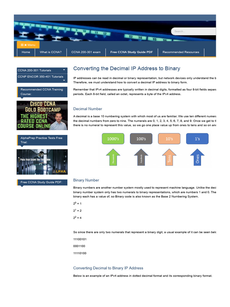 Converting The Decimal IP Address To Binary - Study CCNA | PDF | Cisco Certifications | Bit