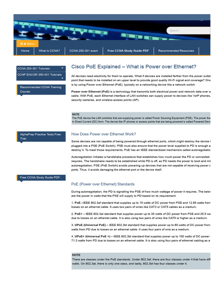 Cisco PoE Explained - What Is Power Over Ethernet? - Study CCNA | PDF | Cisco Certifications ...