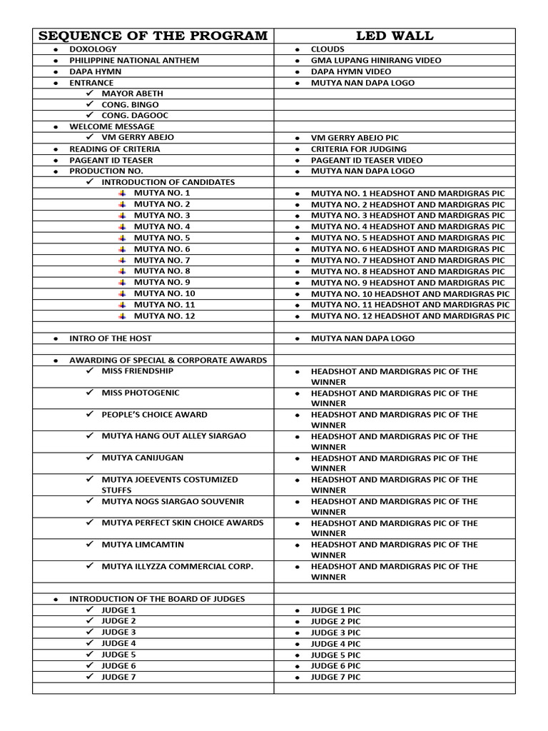 Mutya Nan Dapa Sequence of The Program (Led Wall) | PDF