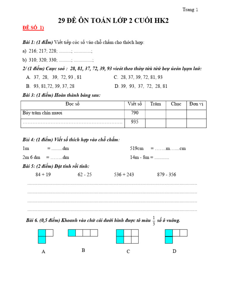 29 de Toan Cuoi HKII Lop 2 | PDF