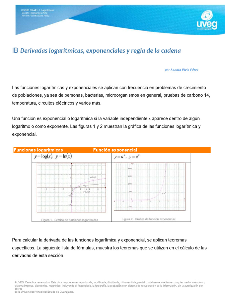 Derivadas Logarítmicas, Exponenciales y Regla de La Cadena | PDF | Logaritmo | Funcion exponencial