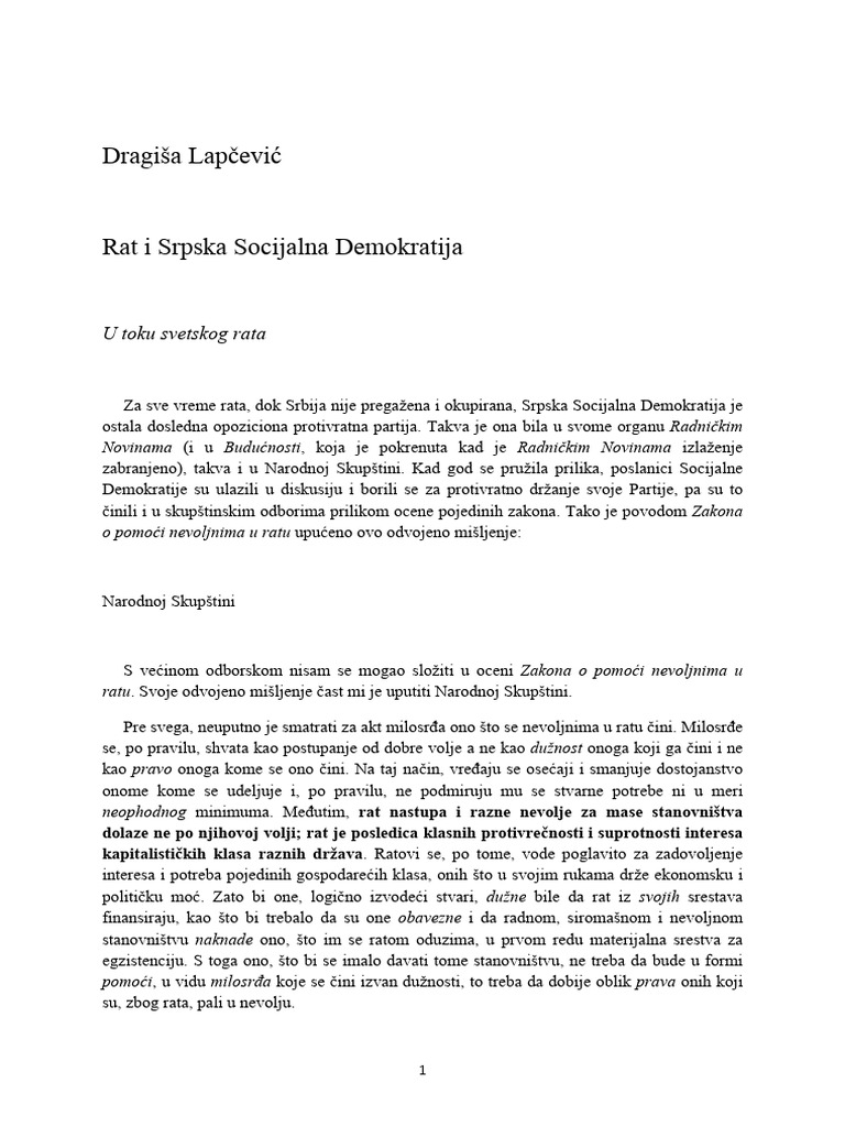 Dragiša Lapčević Rat I Srpska Socijalna Demokratija 9. Poglavlje | PDF