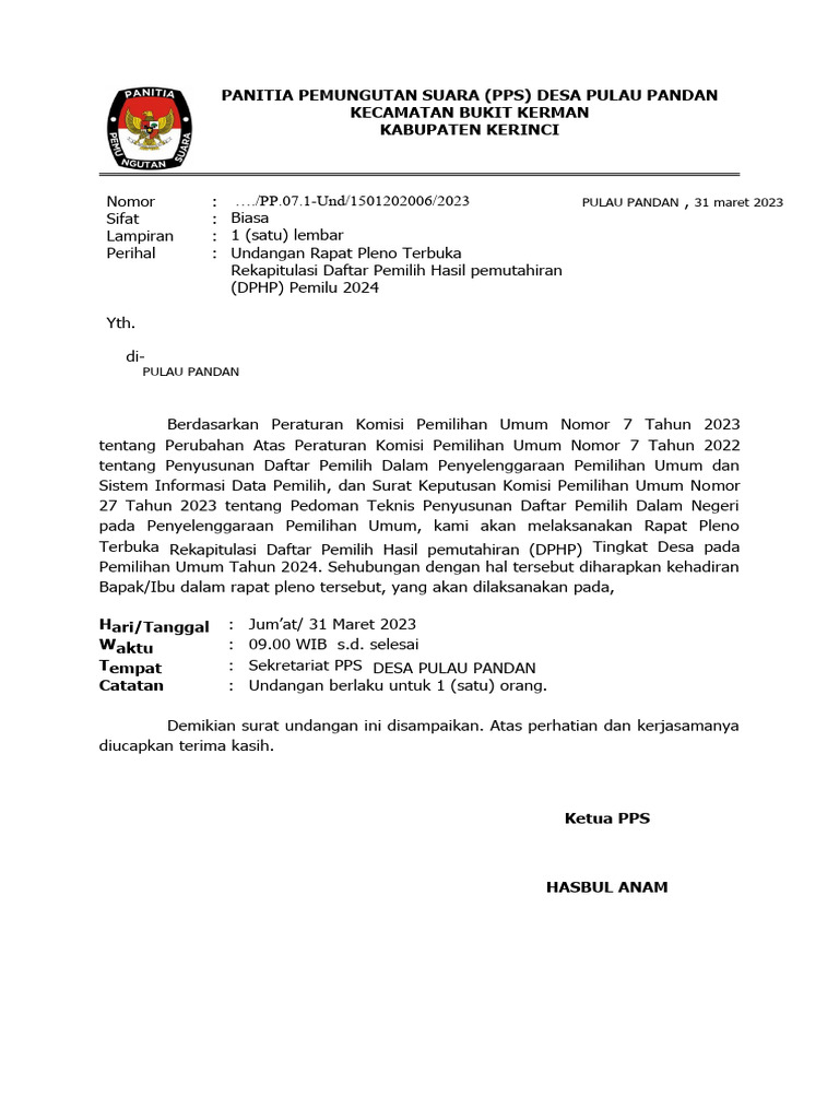 Draft Undangan DPHP PPS - PPK - 044343 | PDF