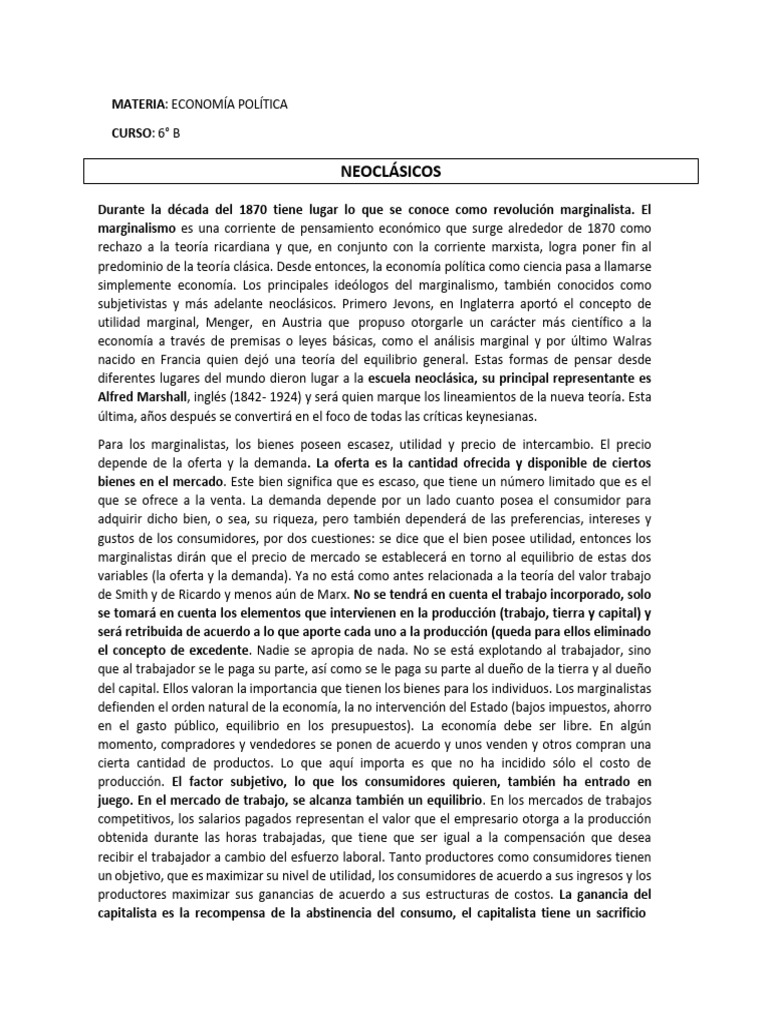 NEOCLÁSICOS | PDF | Oferta y demanda | Capital (economía)