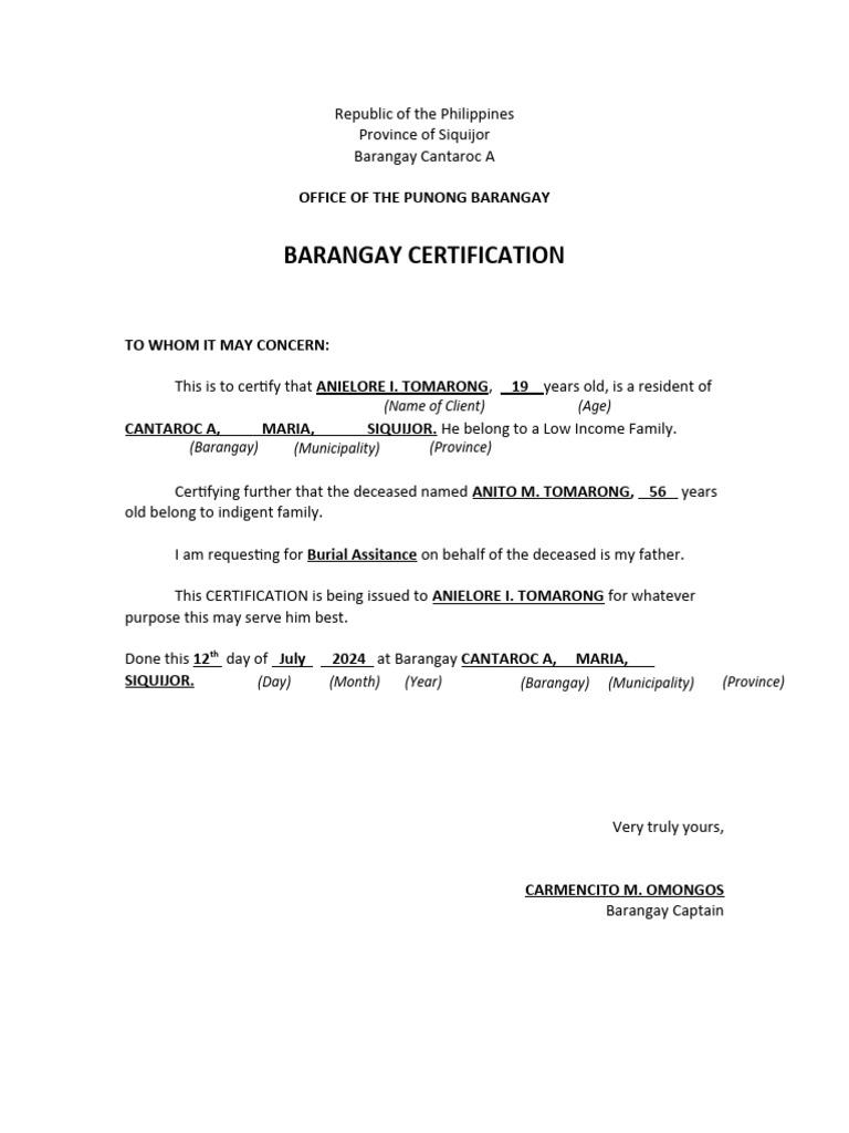 CERTIFICATION For Burial Assitance | PDF