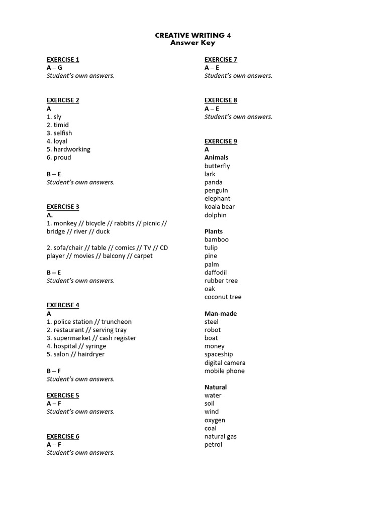 Class 4 Creative Writing Answer Key | PDF