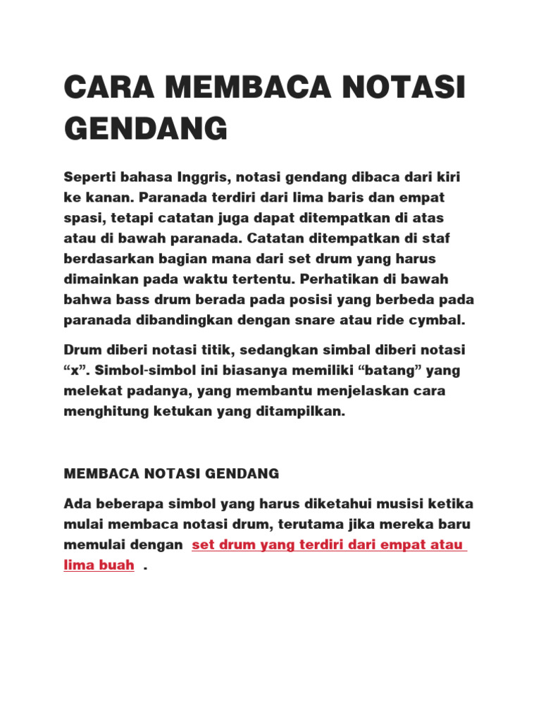 Panduan Membaca Notasi Gendang | PDF | Seni & Disiplin Bahasa