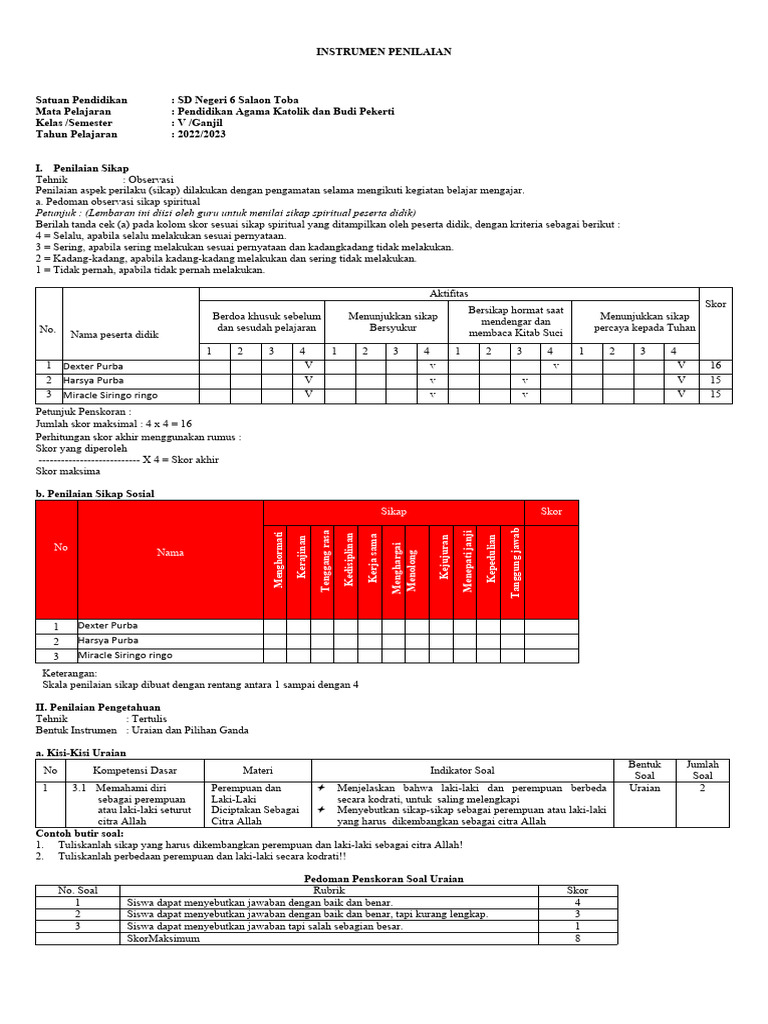 Instrumen Penilaian SEM 1 TP 2022-2023 | PDF