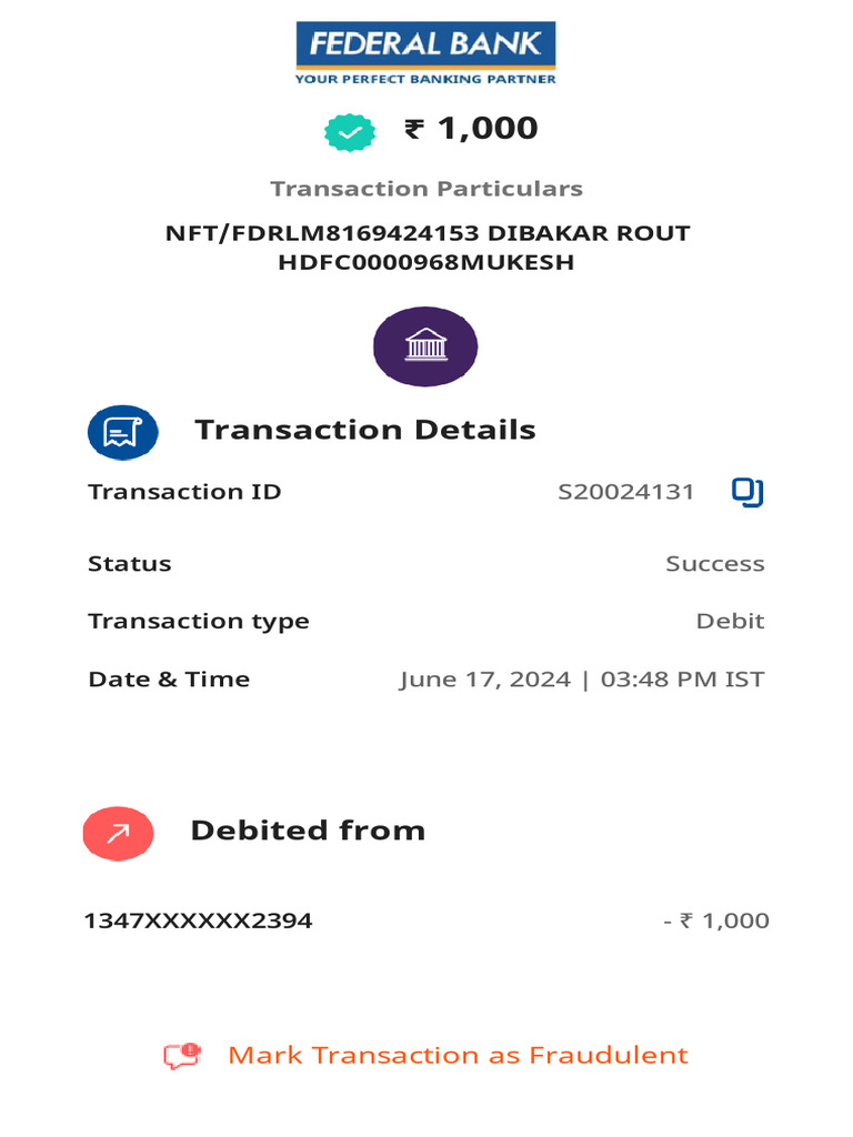 Transaction Details: NFT/FDRLM8169424153 DIBAKAR ROUT HDFC0000968MUKESH ...