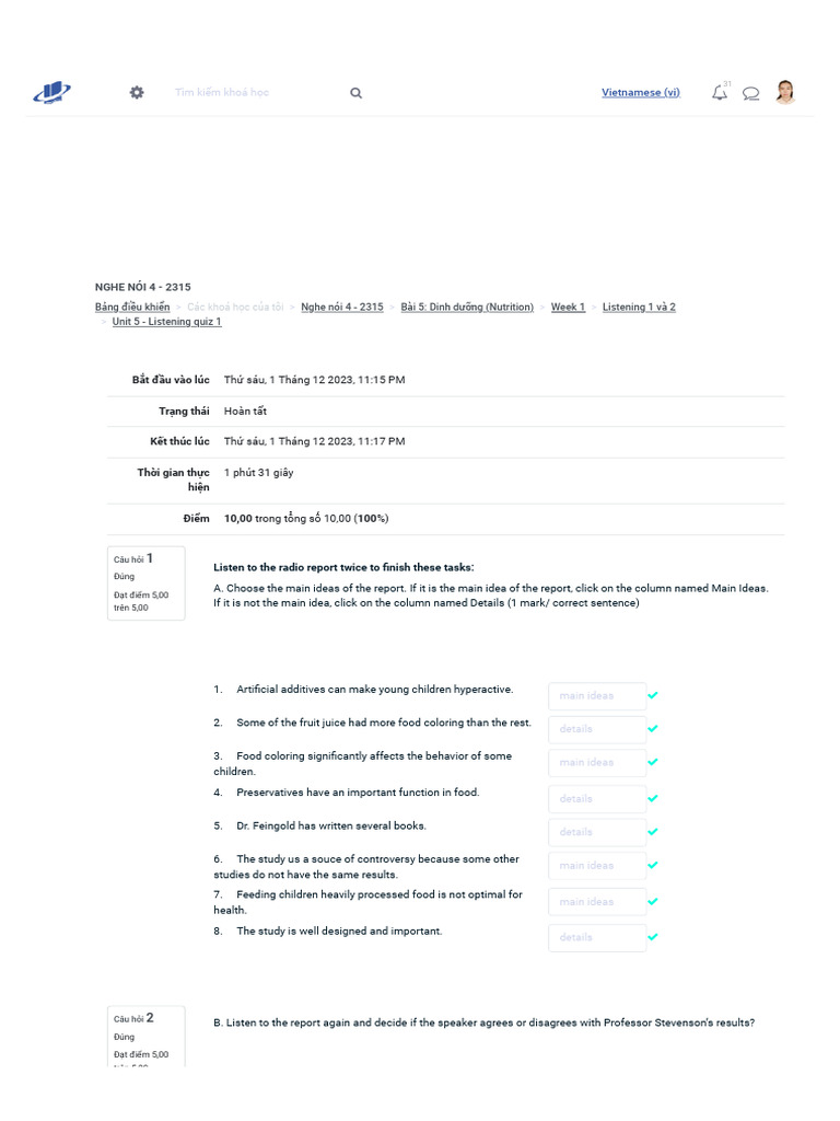 Nghe Nói 4 - Unit 5 - Listening Quiz 1 | PDF | Wellness