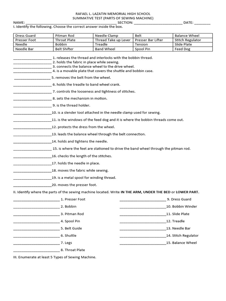 Sewing Machine Parts Summative Test | PDF | Sewing Machine | Sewing