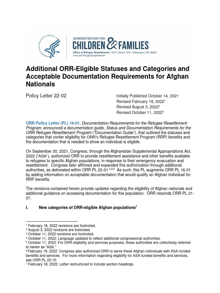 ORR PL 22 02 Additional ORR Eligibility Categories and Documentation Requirements For Afghan ...