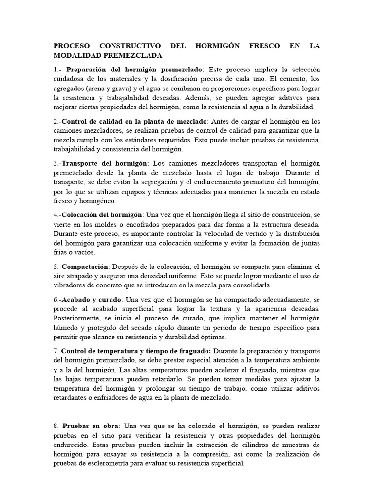 Proceso Constructivo del Hormigón Fresco | PDF | Hormigón | Materiales de construcción