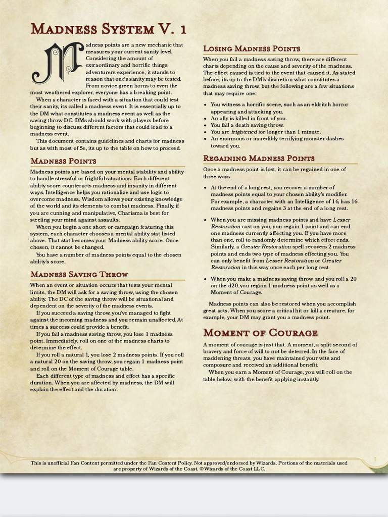 Madness System Guidelines for DMs | PDF