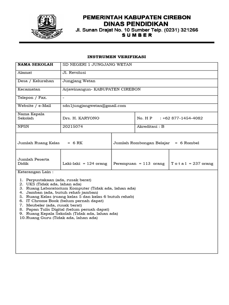 Form - Monev - Sarpras SDN 3 Jungjang | PDF