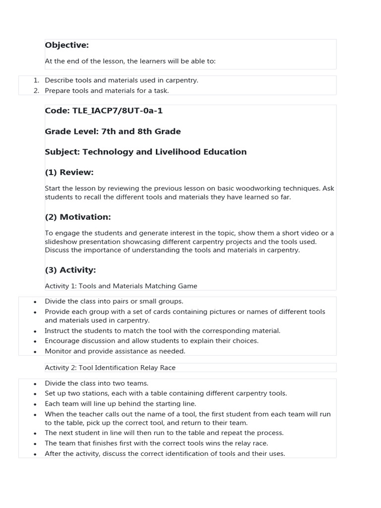 lesson 1 week 1 | PDF | Tools | Carpentry lesson 1 week 1 | PDF | Tools | Carpentry